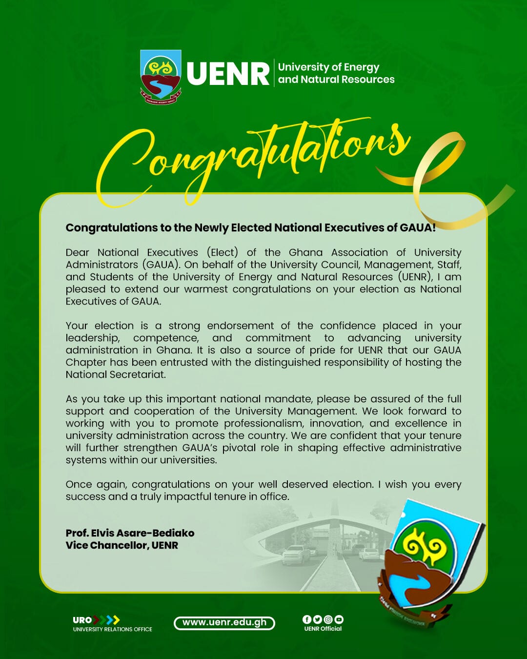 Vice-Chancellor Elvis Asare-Bediako's Congratulatory Message to the ...